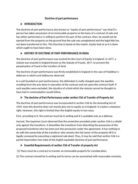 Doctrine Of Part Performance Pdf Equity Law English Law