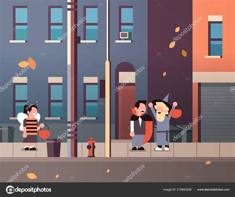 키즈 타운을 걷는 괴물 벌 드라큘라 마법사 의상을 입고 개념 트릭 휴일 또는 치료 행복 할로윈 만화 캐릭터 전체 길이 가로 평면 Stock Vector By ©mast3r