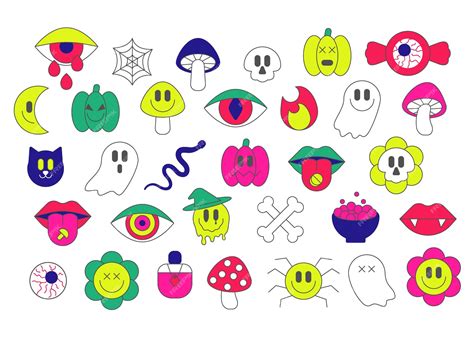 Premium Vector Psychedelic Halloween Surreal Emoji Set Retro Style Anthropomorphic Face