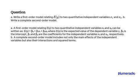 Solved A Write A First Order Model Relating E Y To Two Quantitative Independent Variables X1