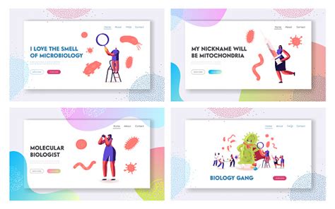 바이러스 및 미생물 공격 사람들 웹사이트 방문 페이지 집합 남성과 여성 문자는 박테리아로부터 보호 실험실 웹 페이지 배너에서 미생물을 연구 만화 플랫 벡터 일러스트 개념에