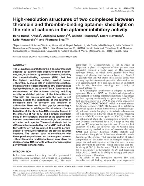 Pdf High Resolution Structures Of Two Complexes Between Thrombin And Thrombin Binding Aptamer