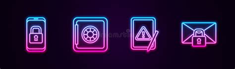 Set Line Mobile With Closed Padlock Safe Tablet Exclamation Mark And Mail Message Password