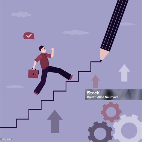 거대한 연필은 경력 사다리 또는 성공의 길을 그립니다 야심 찬 학생 또는 사업가 초보자가 계단을 오르고 있습니다 멘토링 비즈니스 지원 기술 및 개발 향상 지원 개선에 대한