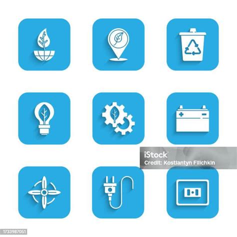 기어 기계 전기 플러그 전기 콘센트 자동차 배터리 풍력 터빈 잎이 달린 전구 재활용 재활용 및 지구 지구본과 아이콘에 잎 식물을 설정하십시오 벡터 0명에 대한 스톡 벡터