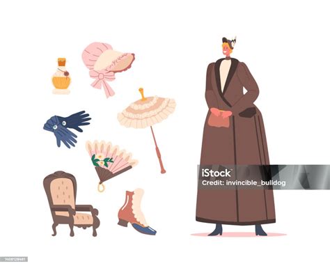 19 세기 레이디 패션을 설정하십시오 여자는 길고 우아한 가운과 모자를 착용합니다 절연 액세서리 향수 장갑 우산 19세기에 대한 스톡 벡터 아트 및 기타 이미지 Istock