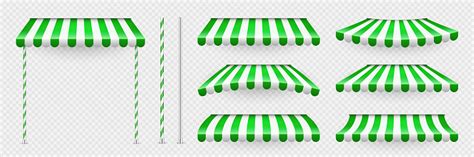 스탠드 홀더가 있는 녹색 상점 차양 현실적인 줄무늬 카페 천막 야외 시장 텐트 지붕 캐노피 여름 거리 상점 벡터 그림 0명에