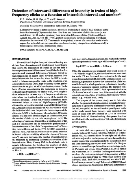 Pdf Detection Of Interaural Differences Of Intensity In Trains Of High Frequency Clicks As A