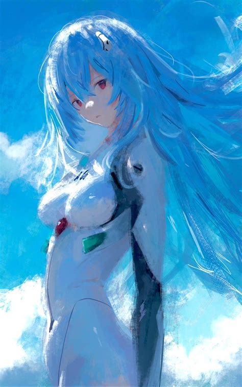 Fuyumurasaki Ayanami Rei Neon Genesis Evangelion 1girl Blue Hair Blue Sky Blue Theme