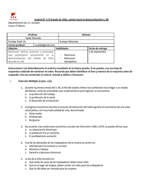 Control N°3 Cs Sociales La Democratización De Chile S Xx 6° Básico Pdf Chile