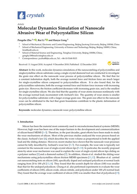 Pdf Molecular Dynamics Simulation Of Nanoscale Abrasive Wear Of Polycrystalline Silicon