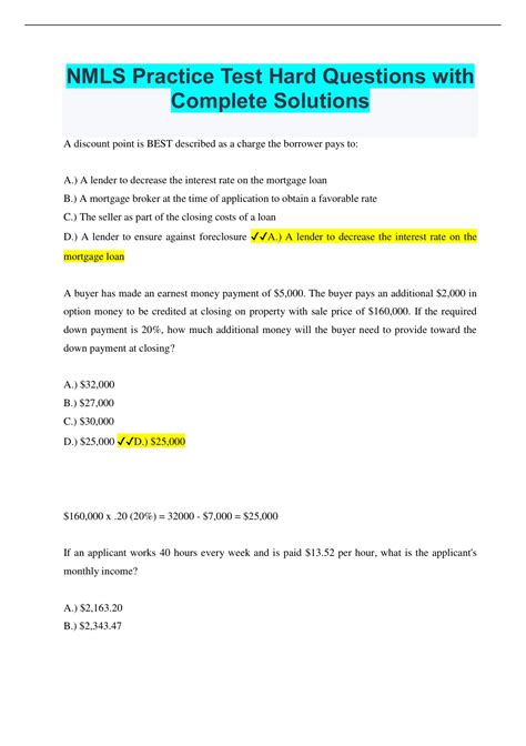 NMLS Practice Test Hard Questions With Complete Solutions NMLS Practice Stuvia US