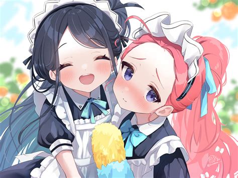 2girls Apron Black Hair Blue Archive Blush Bow Close Hanaoka Yuzu