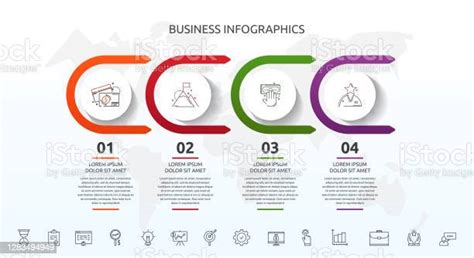 네 개의 아이콘 다이어그램 그래프 프레젠테이션에 대한 벡터 인포그래픽 템플릿 서클입니다 4 가지 옵션이있는 비즈니스 개념 콘텐츠 순서도 단계 타임라인 0명에 대한 스톡 벡터
