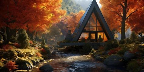 Premium Ai Image Triangular Frame House In The Autumn Forest Structures Made Of Wood And Stone