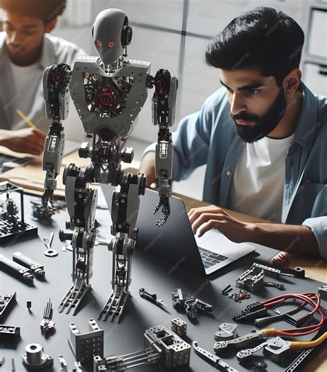 Scene In A Robotics Lab Where A Team Is Assembling A Robot Parts Of The