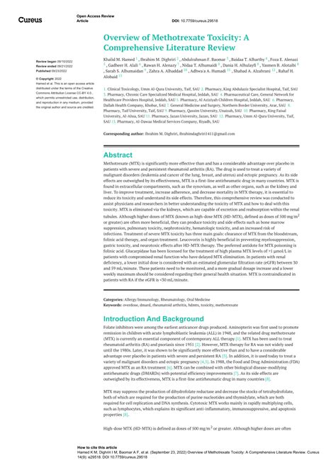 Pdf Overview Of Methotrexate Toxicity A Comprehensive Literature Review