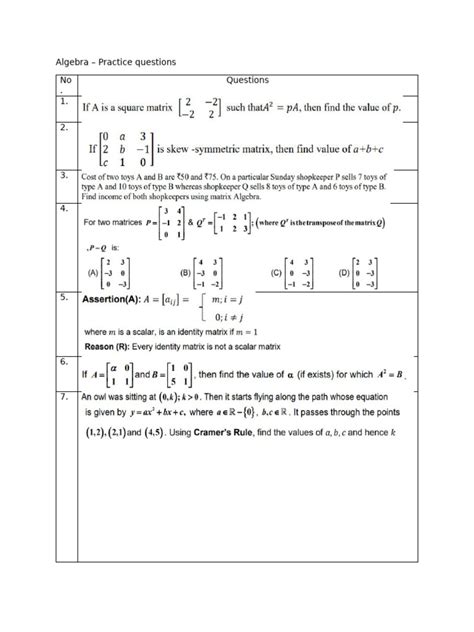 Algebra Practice Questions Pdf