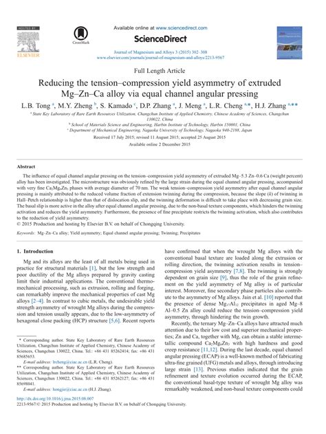 Pdf Reducing The Tensioncompression Yield Asymmetry Of Extruded Mgznca Alloy Via Equal