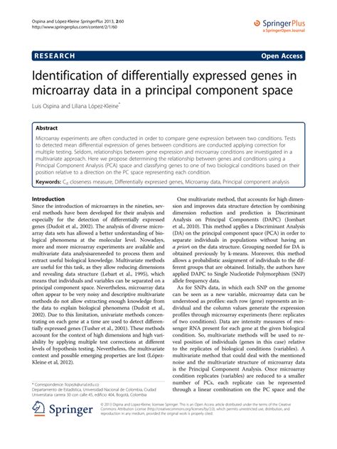Pdf Identification Of Differentially Expressed Genes In Microarray Data In A Principal