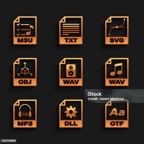 Set Wav File Document Dll Otf Mp3 And Obj Icon Vector Stock