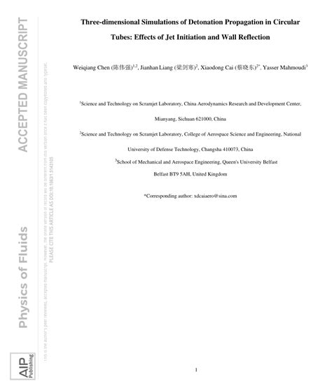 Pdf Three Dimensional Simulations Of Detonation Propagation In Circular Tubes Effects Of Jet