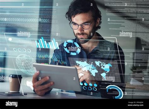 Business Man Data And Tablet Hologram With Digital Overlay For Tech Statistics Or Stock Market
