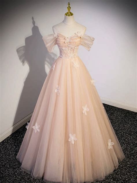 Light Pink Tulle Floor Length Prom Dress Beautiful Off The Shoulder E