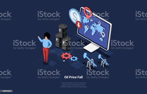 유가 경기 침체 개념 일러스트레이션 만화 3d 스타일의 등분 성 벡터 구성 금융 문제 글로벌 통화 하락 경제 위기 컴퓨터 근처에 서 있는 캐릭터 배럴 근처 3차원 형태에