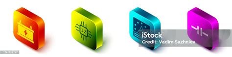 Isometric 자동차 배터리 마이크로 회로 Cpu 암페어 미터 멀티 미터 볼트미터 및 전기 회로 구성 표식 아이콘프로세서를 설정합니다 벡터 차에 대한 스톡 벡터 아트 및