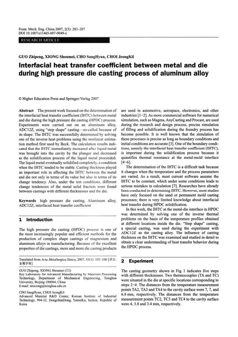 Pdf Interfacial Heat Transfer Coefficient Between Metal And Die During High Pressure Die