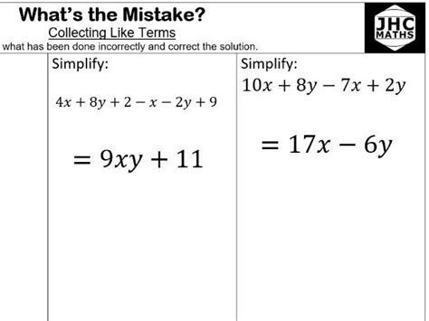 Collecting Like Terms Scaffolded Grid And Mistakes Teaching Resources