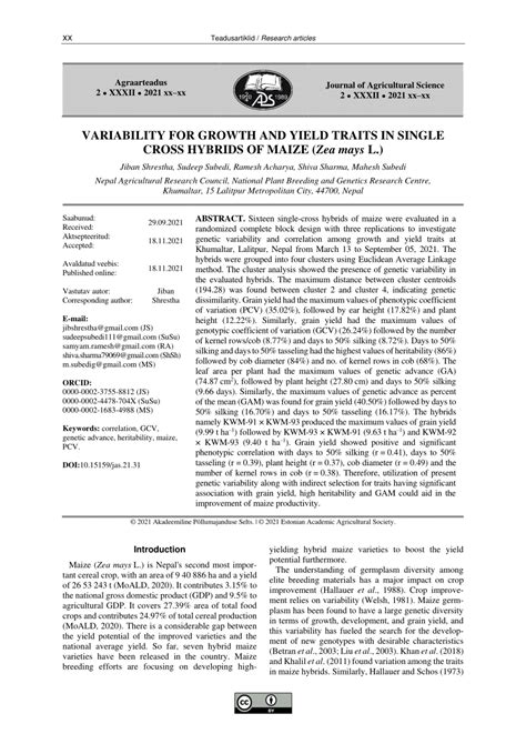 Pdf Variability For Growth And Yield Traits In Single Cross Hybrids