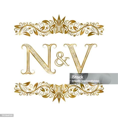 N 및 V 빈티지 이니셜 기호입니다 편지는 장식 요소로 둘러싸여 있습니다 결혼식 또는 비즈니스 파트너 로얄 스타일의 모노그램 결혼식에 대한 스톡 벡터 아트 및 기타 이미지