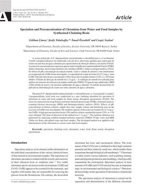 Pdf Speciation And Preconcentration Of Chromium From Water And Food Samples By Synthesized