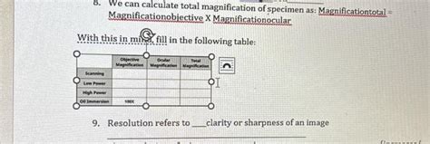 Solved 8 We Can Calculate Total Magnification Of Specimen Chegg Com