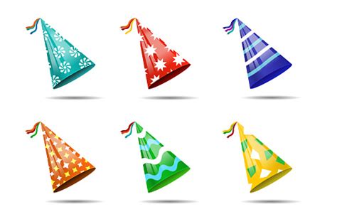 흰색 배경 사진 장식 및 덮 음에 대 한 현실적인 격리 파티 모자의 벡터 집합입니다 생일 휴일 및 축 하의 개념입니다 파티 모자에 대한 스톡 벡터 아트 및 기타 이미지