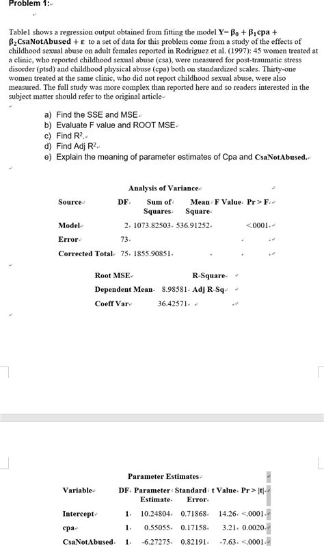 Solved Problem 1 Tablel Shows A Regression Output Obtained