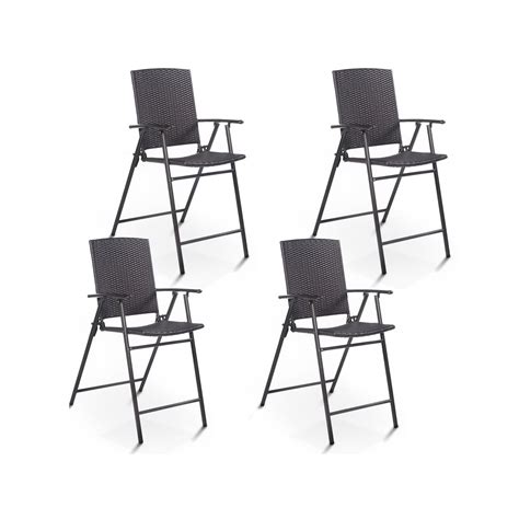 Set Of 4 Folding Rattan Bar Chairs With Footrests And Armrests For