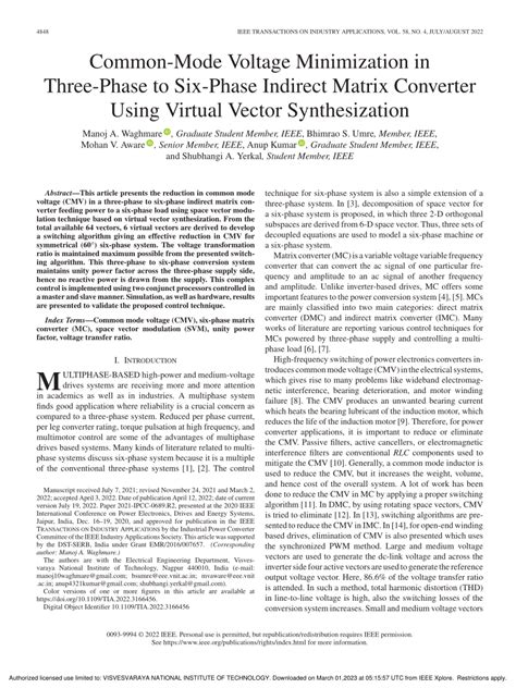 Pdf Common Mode Voltage Minimization In Three Phase To Six Phase Indirect Matrix Converter