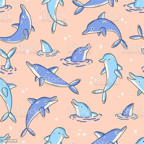만화 낙서 스타일의 분홍색 배경에 귀여운 돌고래와 원활한 패턴 벡터 일러스트 배경입니다 귀여운에 대한 스톡 벡터 아트 및 기타 이미지 귀여운 기포 낙서 드로잉