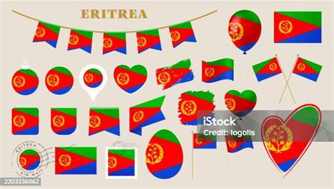 에리트레아 국기 세트 심장 방패 부활절 달걀 위치 원 소인 그런 지 광장 원형 및 직사각형 벡터 일러스트 레이 션과 같은 다양한 모양의 다양한 국기 컬렉션 0명에 대한 스톡