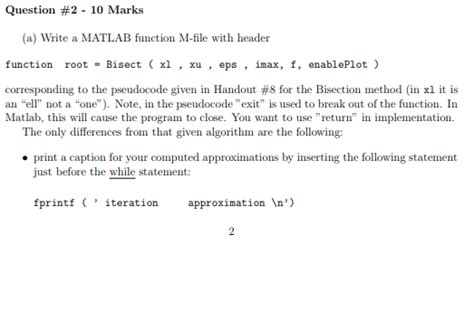 Solved Question 2 10 Marks A Write A Matlab Function