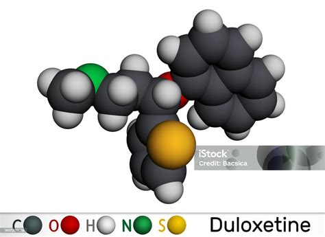 둘록세틴 항우울제 약물 분자 그것은 불안 장애 신경 병증 성 통증 골관절염을 치료하는 데 사용됩니다 분자 모델 3d 렌더링 3