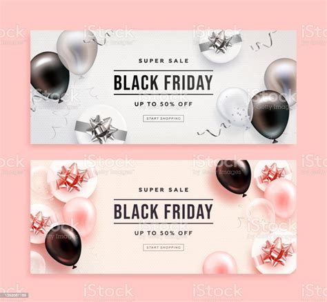 현실적인 광택 풍선 선물 상자 및 할인 텍스트와 블랙 프라이데이 수평 판매 배너 세트 블랙프라이데이에 대한 스톡 벡터 아트 및 기타 이미지 블랙프라이데이 배경 주제