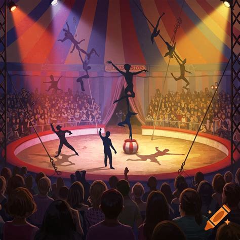 A Circus Performance With Silhouetted Acrobats Under The Big Top