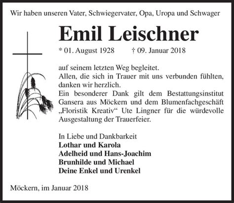 Traueranzeigen Von Emil Leischner Abschied Nehmende