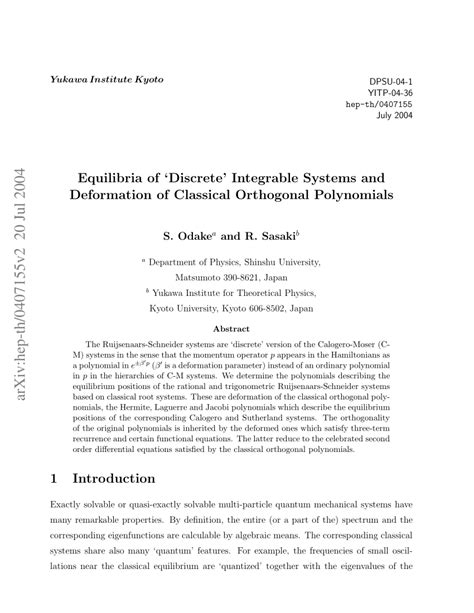 Pdf Equilibria Of Discrete Integrable Systems And Deformation Of Classical Orthogonal