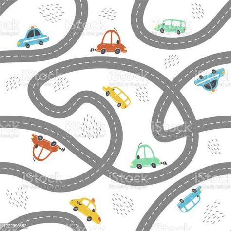 만화 스타일의 아기 자동차의 원활한 패턴입니다 벡터 일러스트레이션 차에 대한 스톡 벡터 아트 및 기타 이미지 차 도로