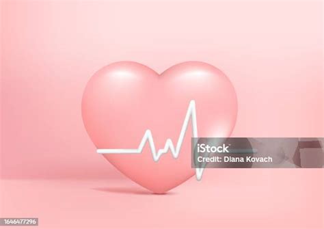 하얀 맥박 선 심장 박동이 있는 사실적인 3d 광택 심장 만화 3d 심전도 심장 기호 진단 건강 맥박 측정 의료 의료 파스텔
